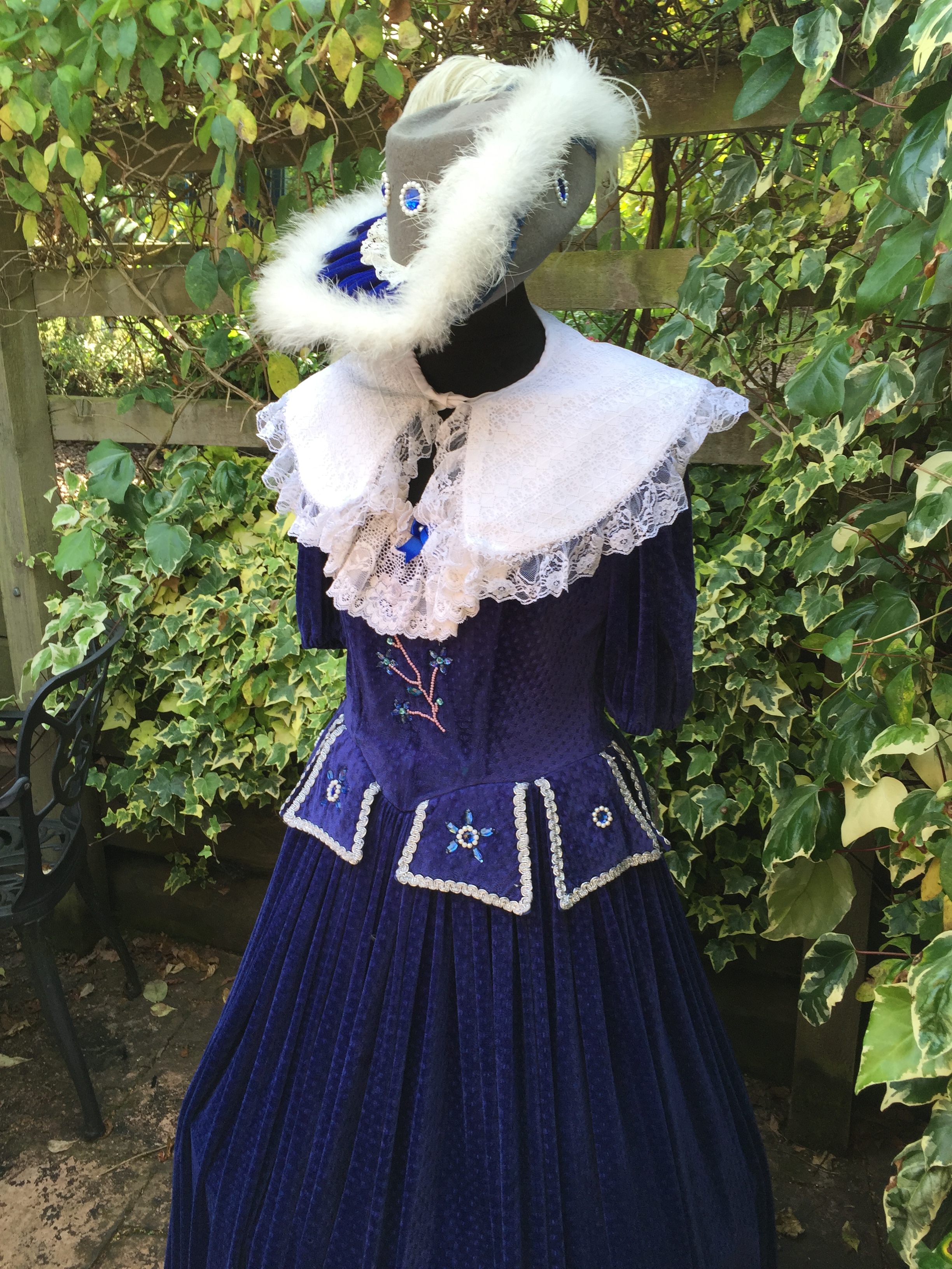 Blue Velour Cavalier ladies Costume For Hire. Ladies Civil War Costumes