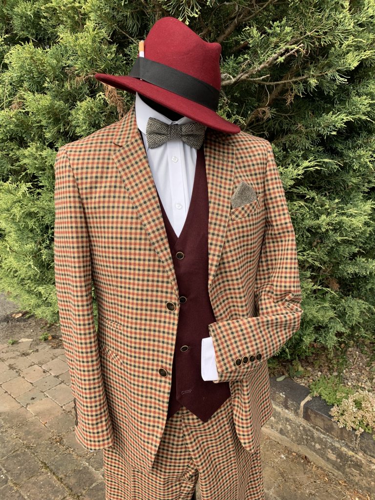 Gents Buff & Burgundy Checked Spiv Suit For Hire. 1920’s 1930’s 1940’s