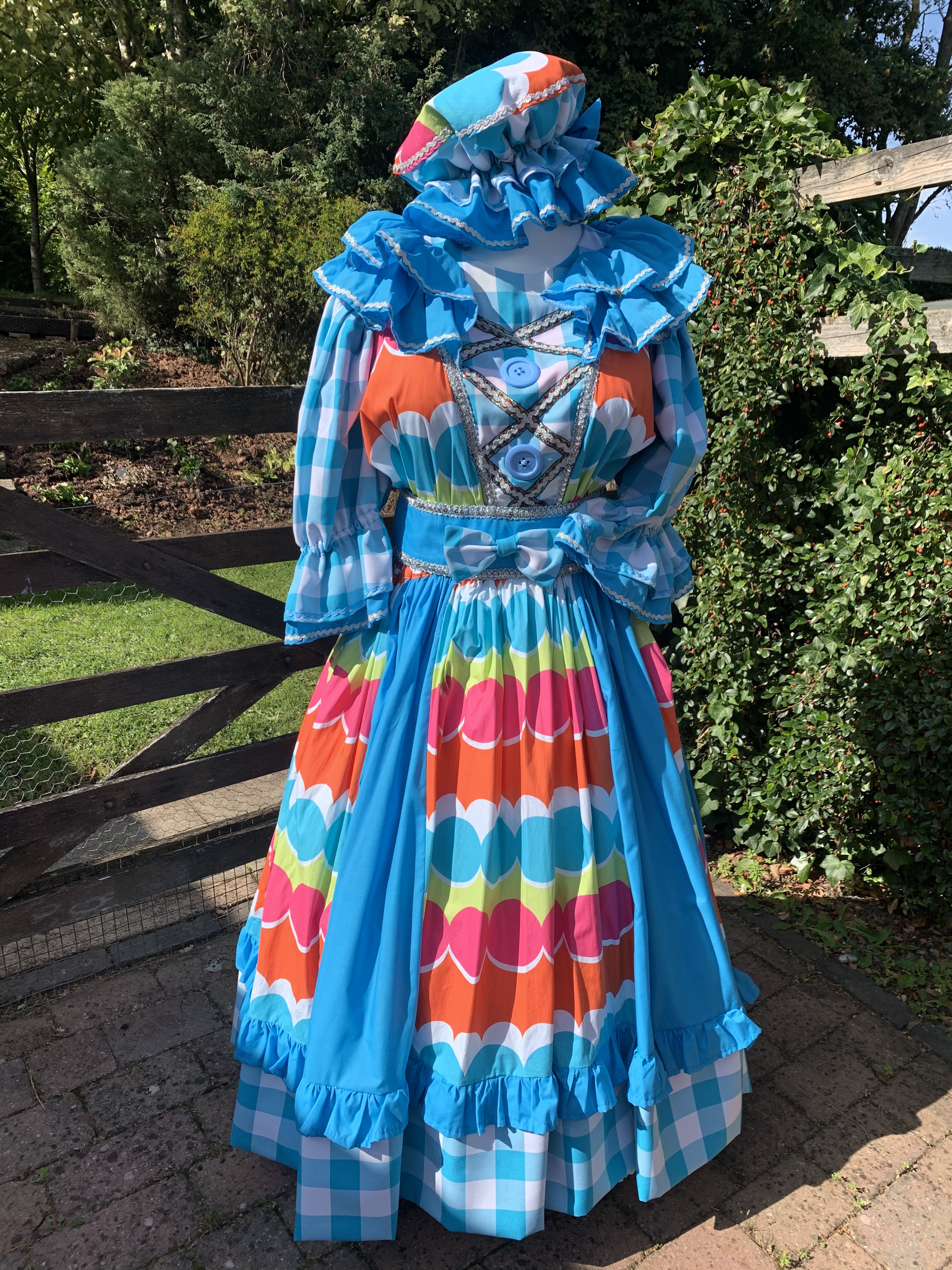 Blue Gingham Pantomime Dame Costume To Hire. Pantomime Costumes
