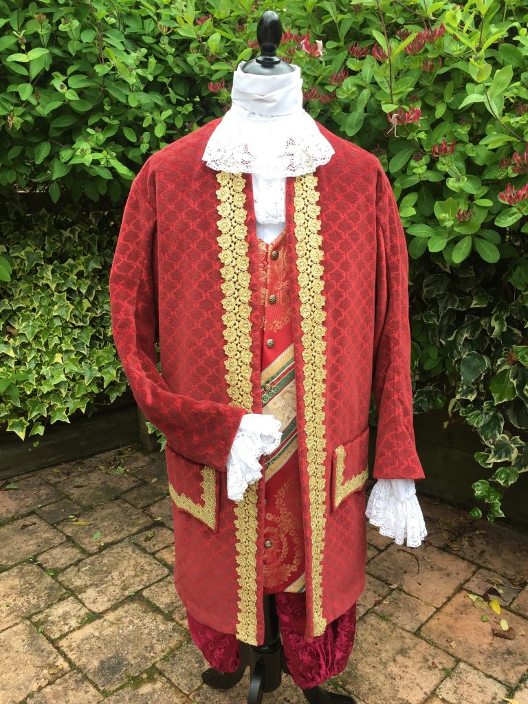 Gents Red Figured Velvet Georgian Costume For Hire. Venetian Costumes
